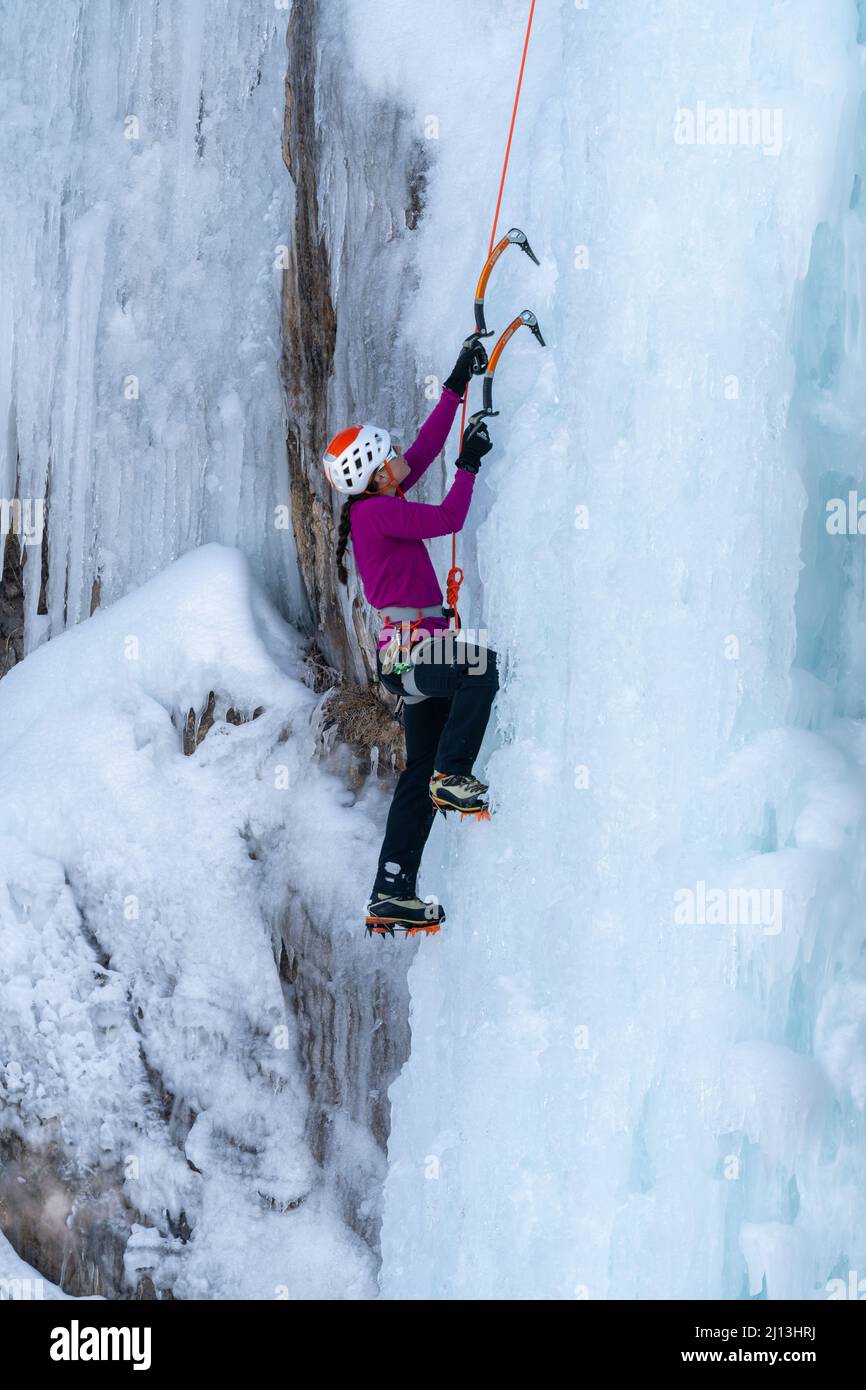 A female ice climber ascending an ice wall using ice axes and crampons ...