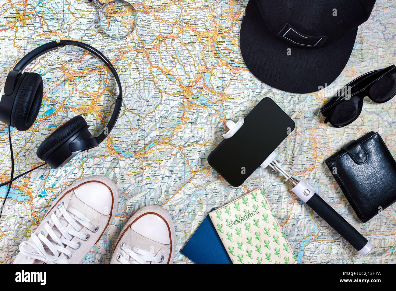 Travel plan, trip vacation accessories for trip, tourism mockup ...