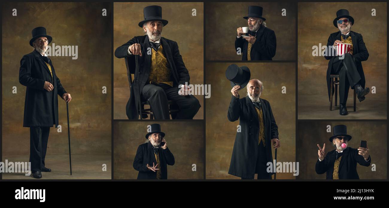 Old man in image of medieval royalty persons in vintage clothing ...