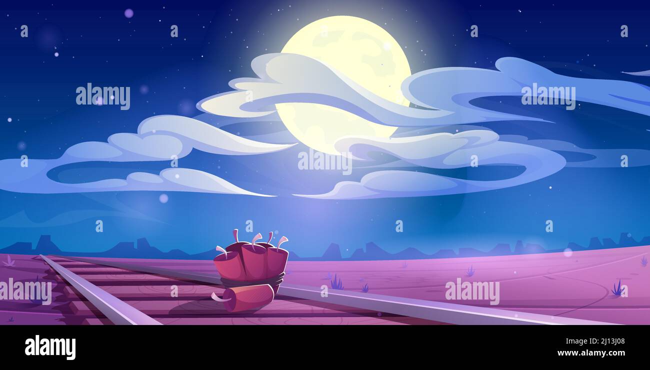 Train sabotage western scene with tnt dynamite lying on railroad at ...