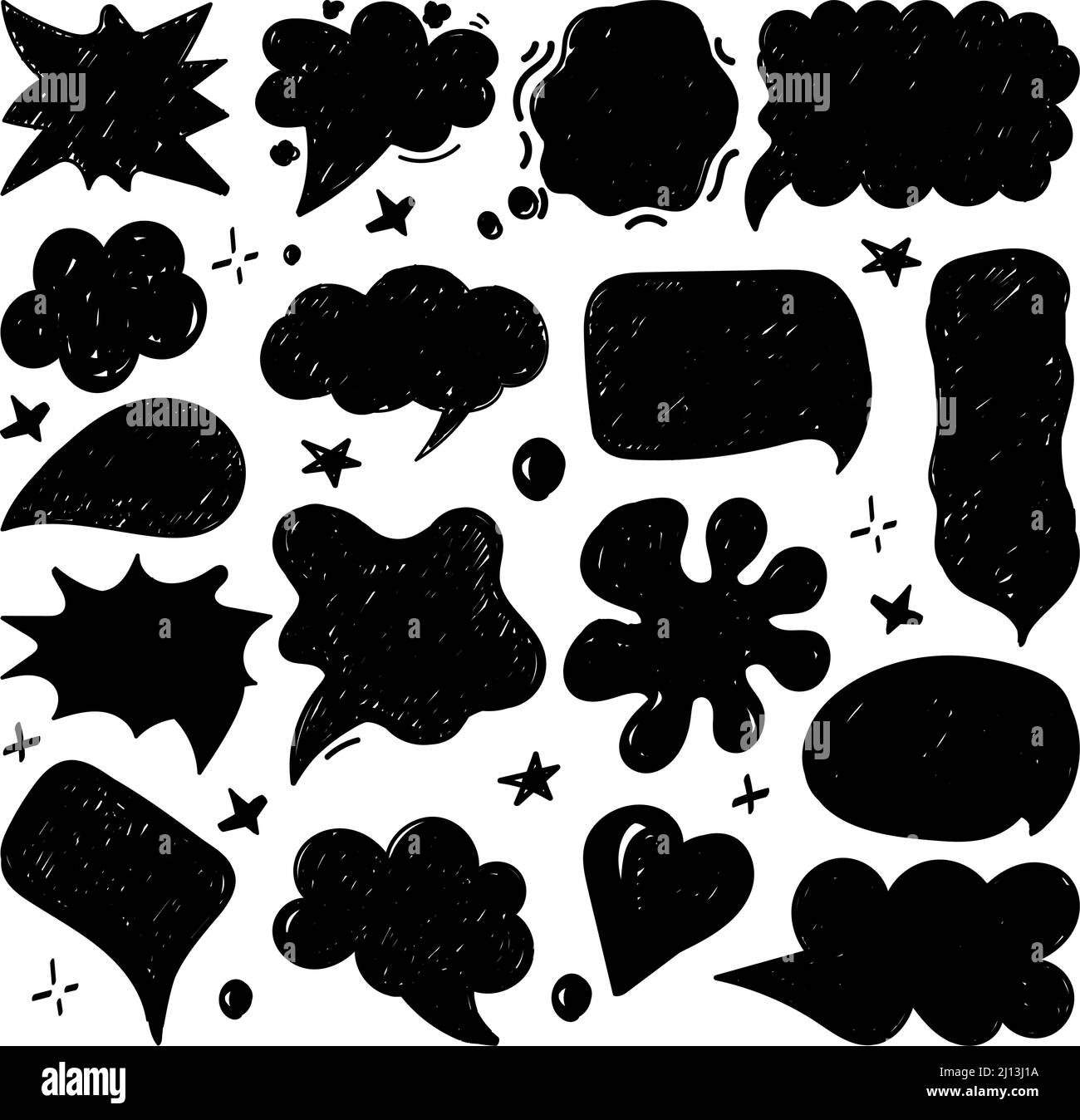 A set of speech bubbles with hand-drawn dialogue words in doodle style ...