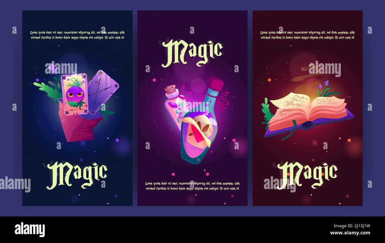 Cartoon magic posters with witch stuff, magician spell book, cards ...