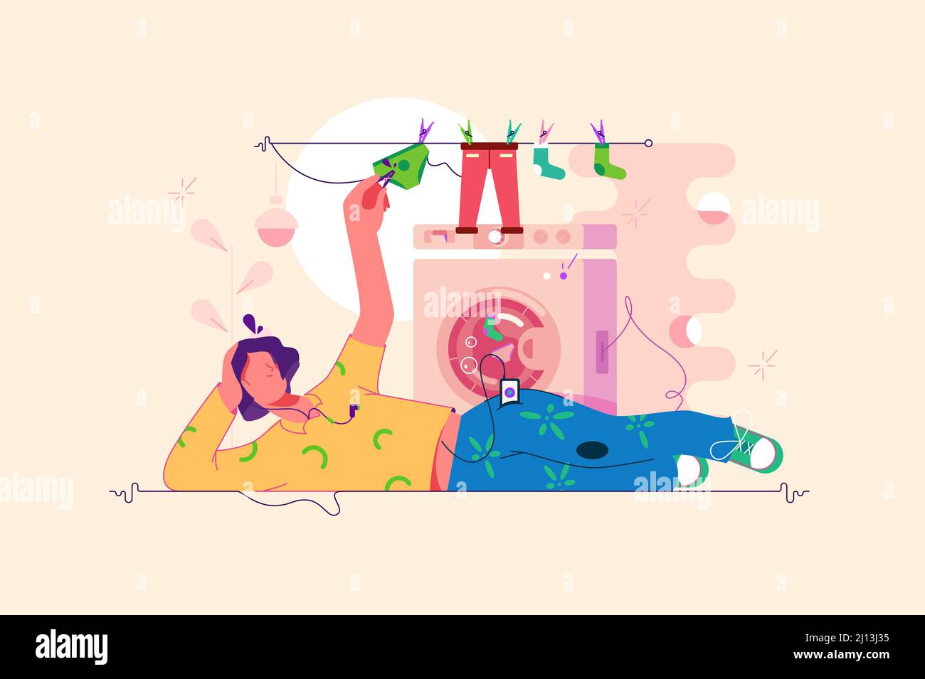 Housewife character washing clothes in machine, domestic chores Stock ...