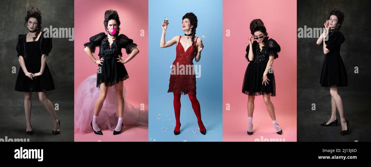 Collage, set made of retro portraits of young beautiful woman in image ...