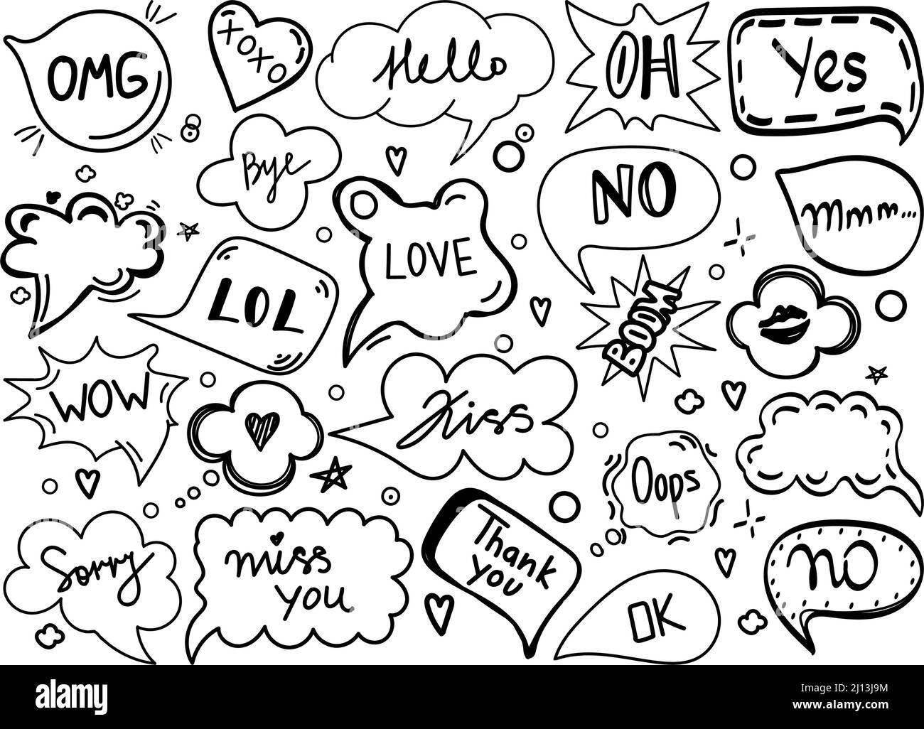 A set of speech bubbles with hand-drawn doodle-style dialogue words ...