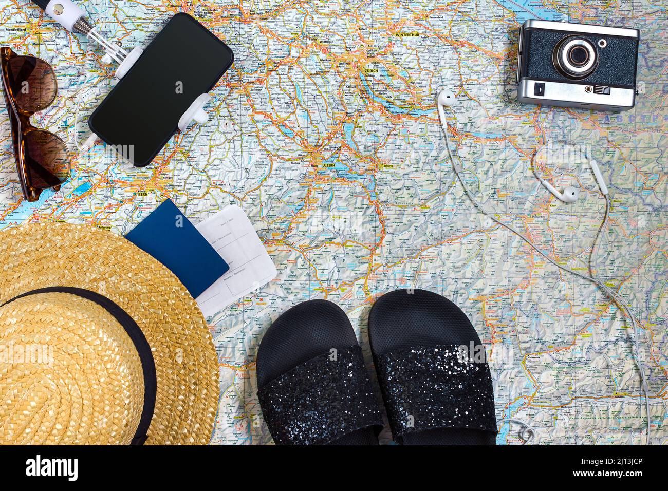 Travel plan, trip vacation accessories for trip, tourism mockup ...