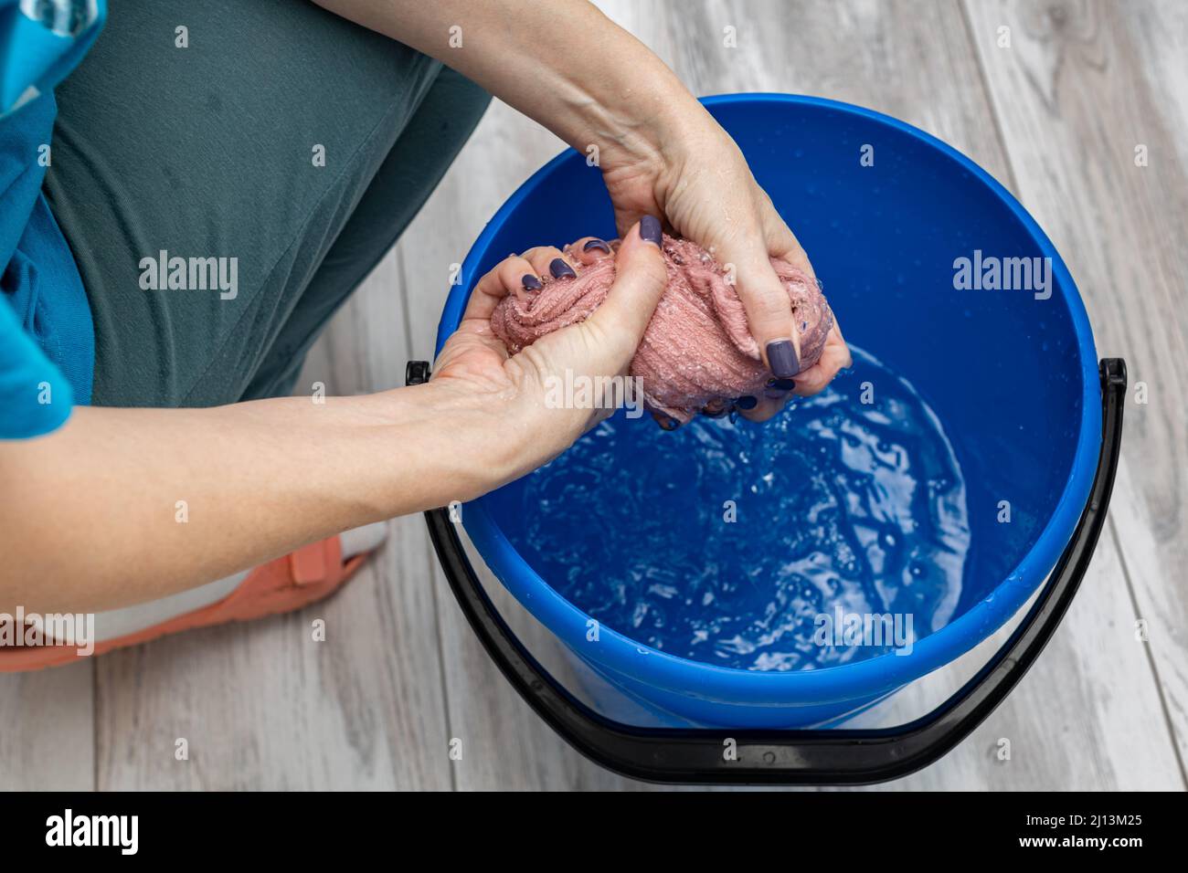 female hand wringing out a rag in a bucket while cleaning. High quality ...