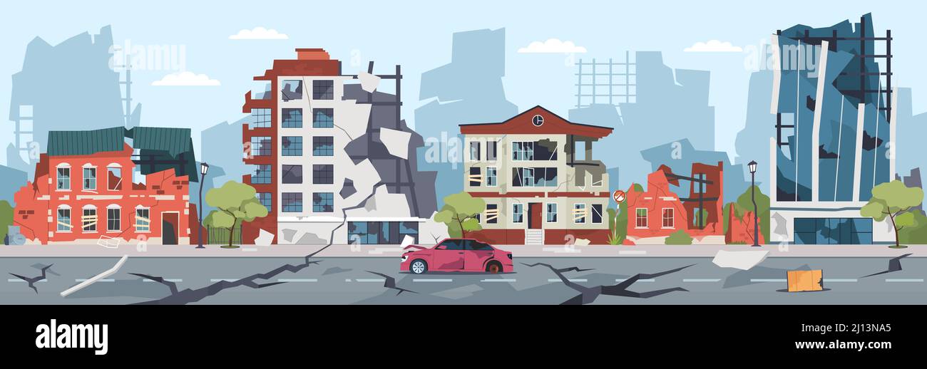 Natural disaster city illustration. Earthquake destruction. Cityscape ...