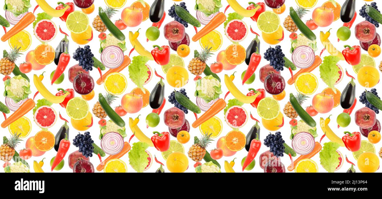 Big seamless pattern from fresh healthy fruits and vegetables isolated ...