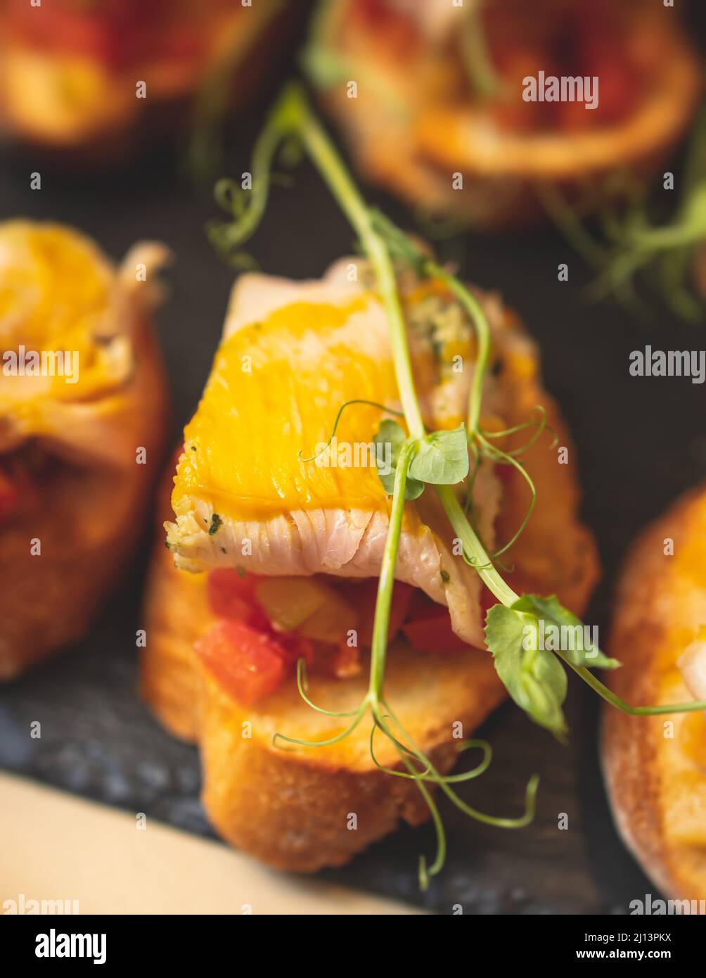 Beautifully decorated catering banquet table with different main course ...