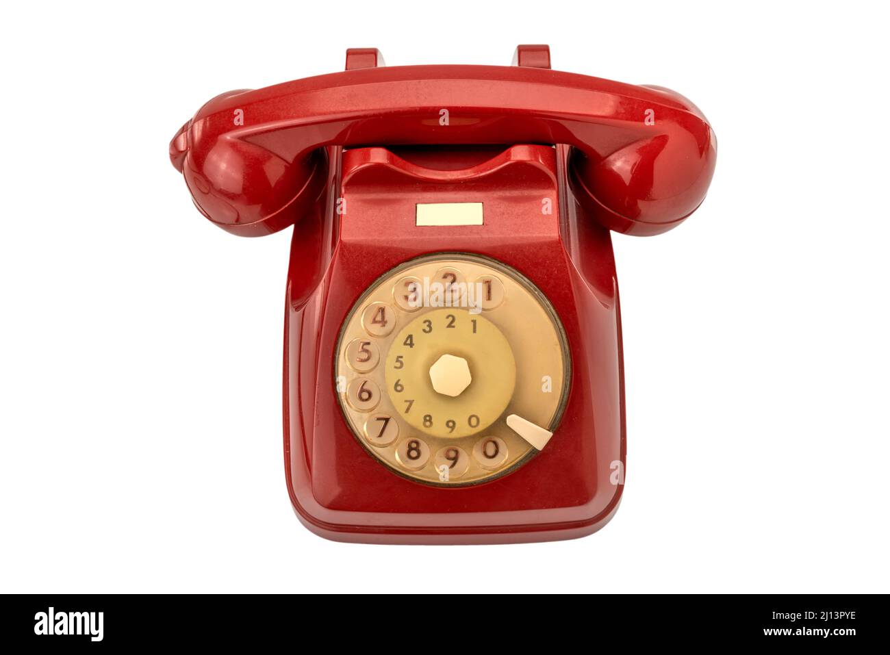 Old red rotating dial telephon isolated on white background, clipping ...