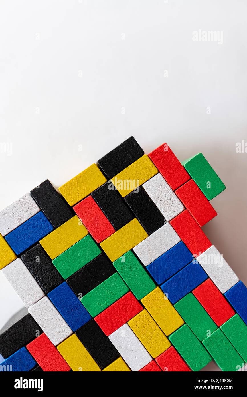 plenty of multicolored blocks on white background with copy space, top ...