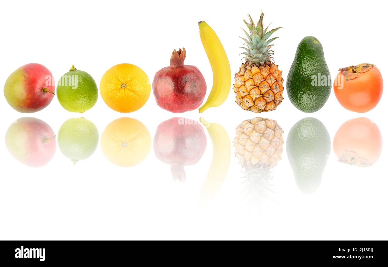 Fresh fruits and vegetables in row with light reflection isolated on ...