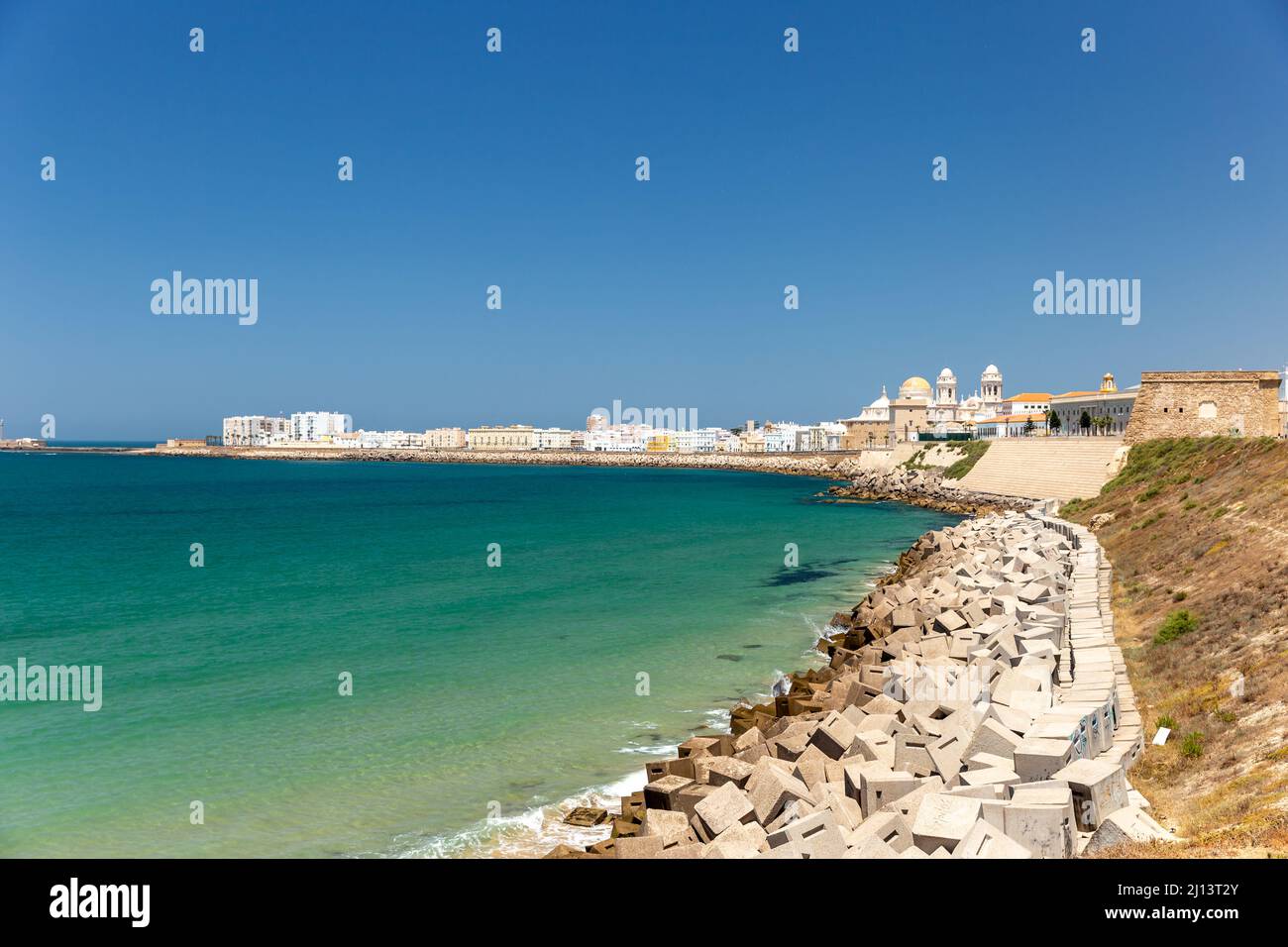 View of Cathedral Of Cadiz. Panoramic view of the city with promenade ...