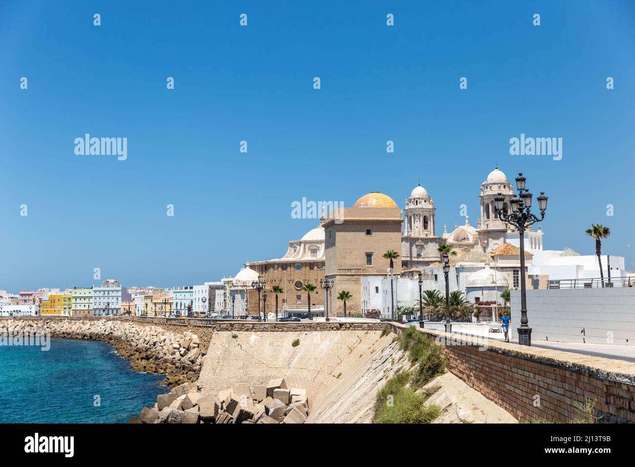 View of Cathedral Of Cadiz. Panoramic view of the city with promenade ...