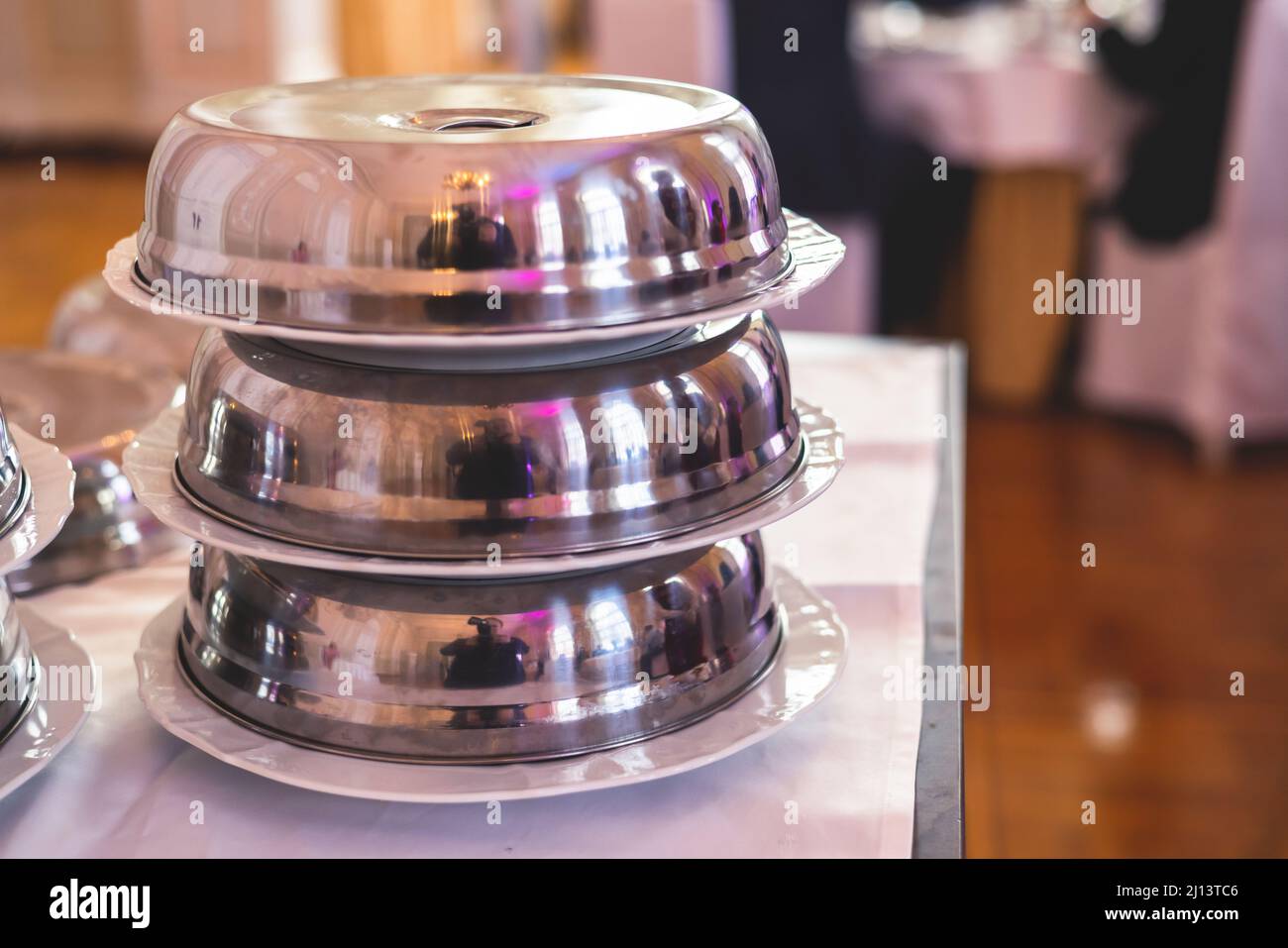 Process of serving luxury dinner in a cloche plate dish with a lid ...