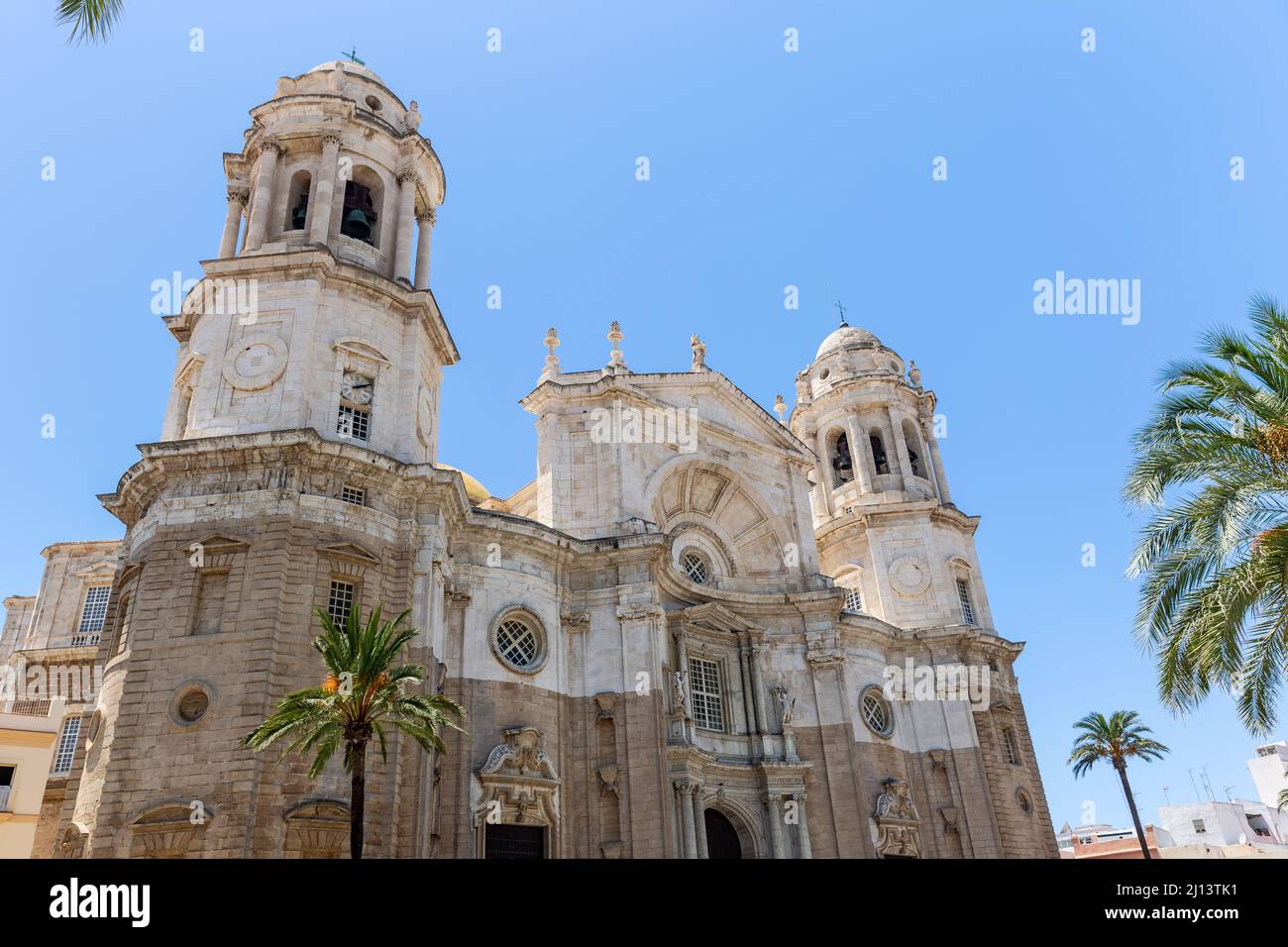 Façade of beautiful Cathedral of Cadiz, View of main entrance. Roman ...