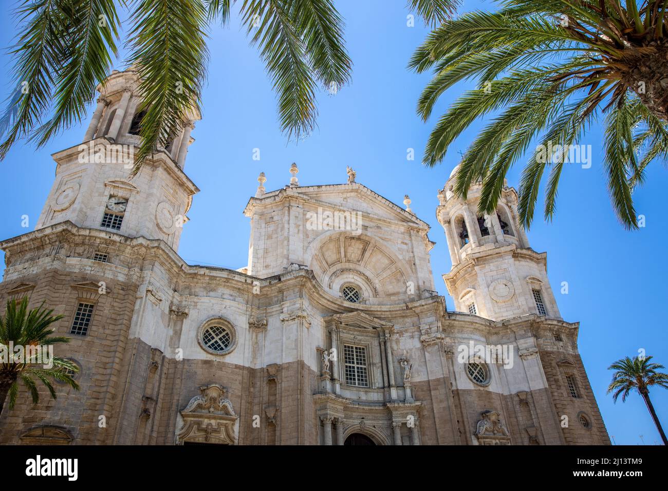 Façade of beautiful Cathedral of Cadiz, View of main entrance. Roman ...