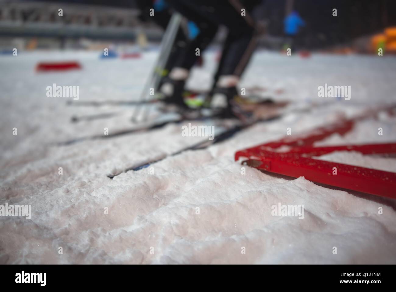 Alpine skiing race slalom competition, athletes ready to start ski ...