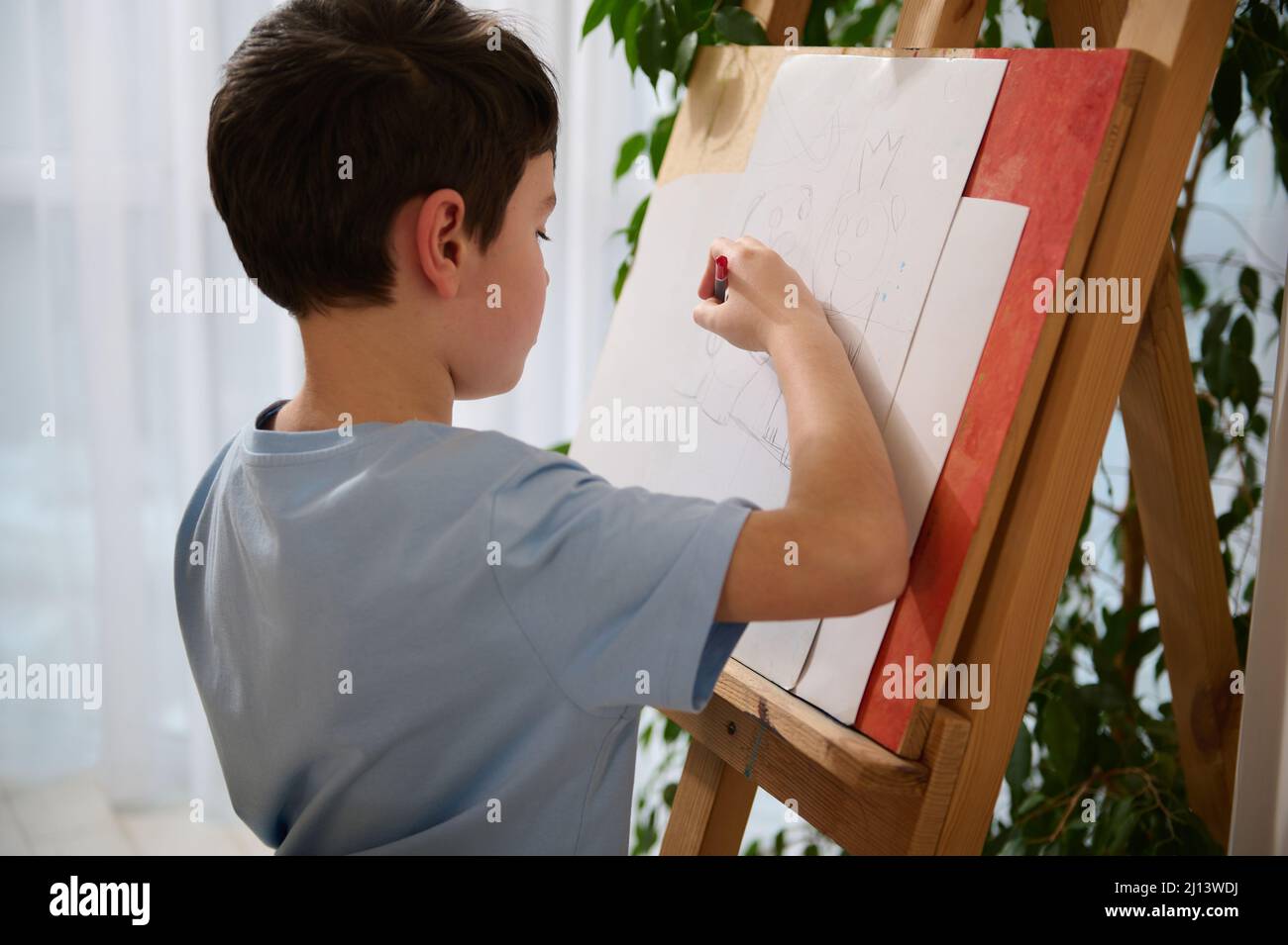 View from the back of Caucasian dark-haired school boy drawing at home ...