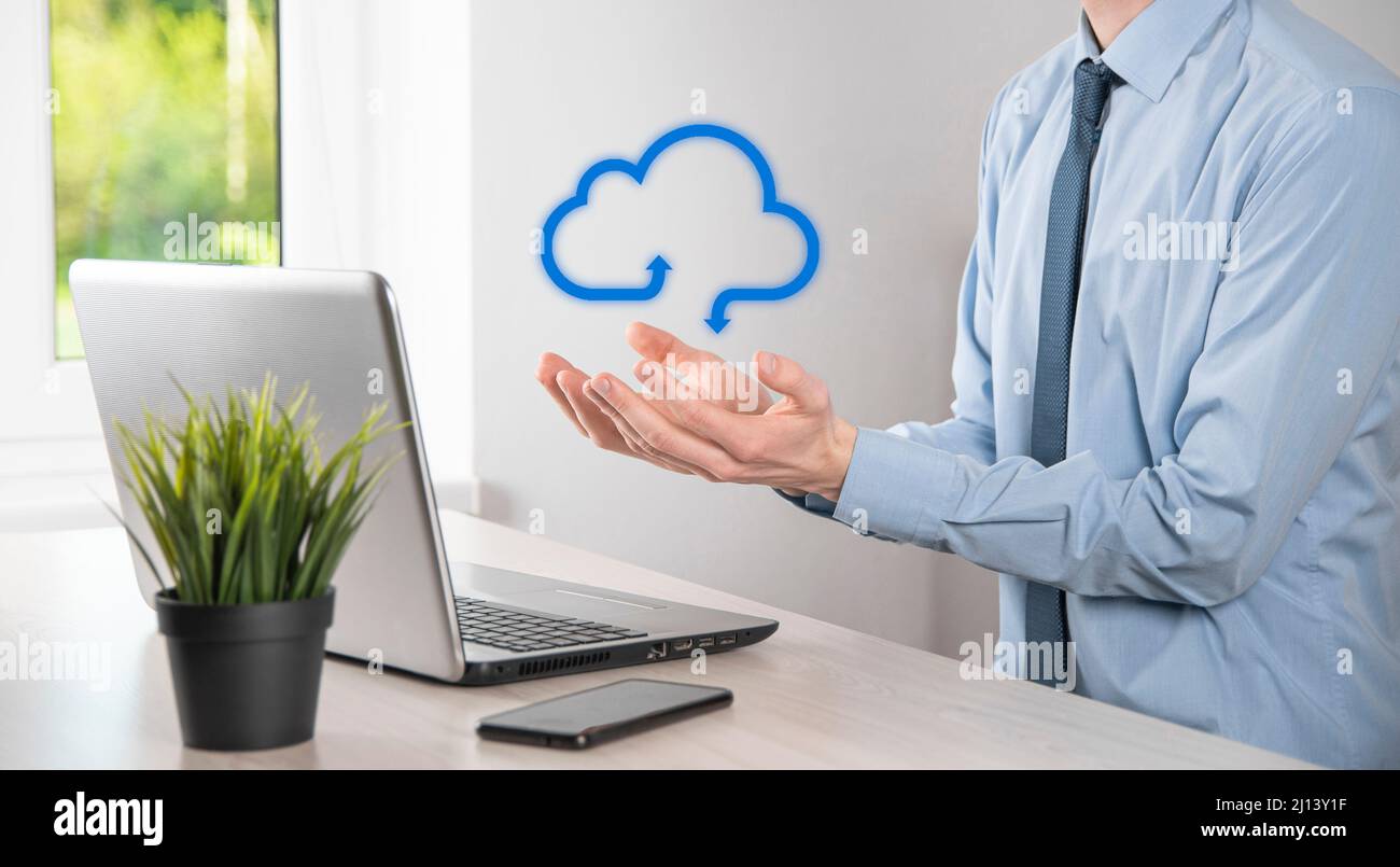 Business man holding icon cloud computing network and icon connection data information in hand ...