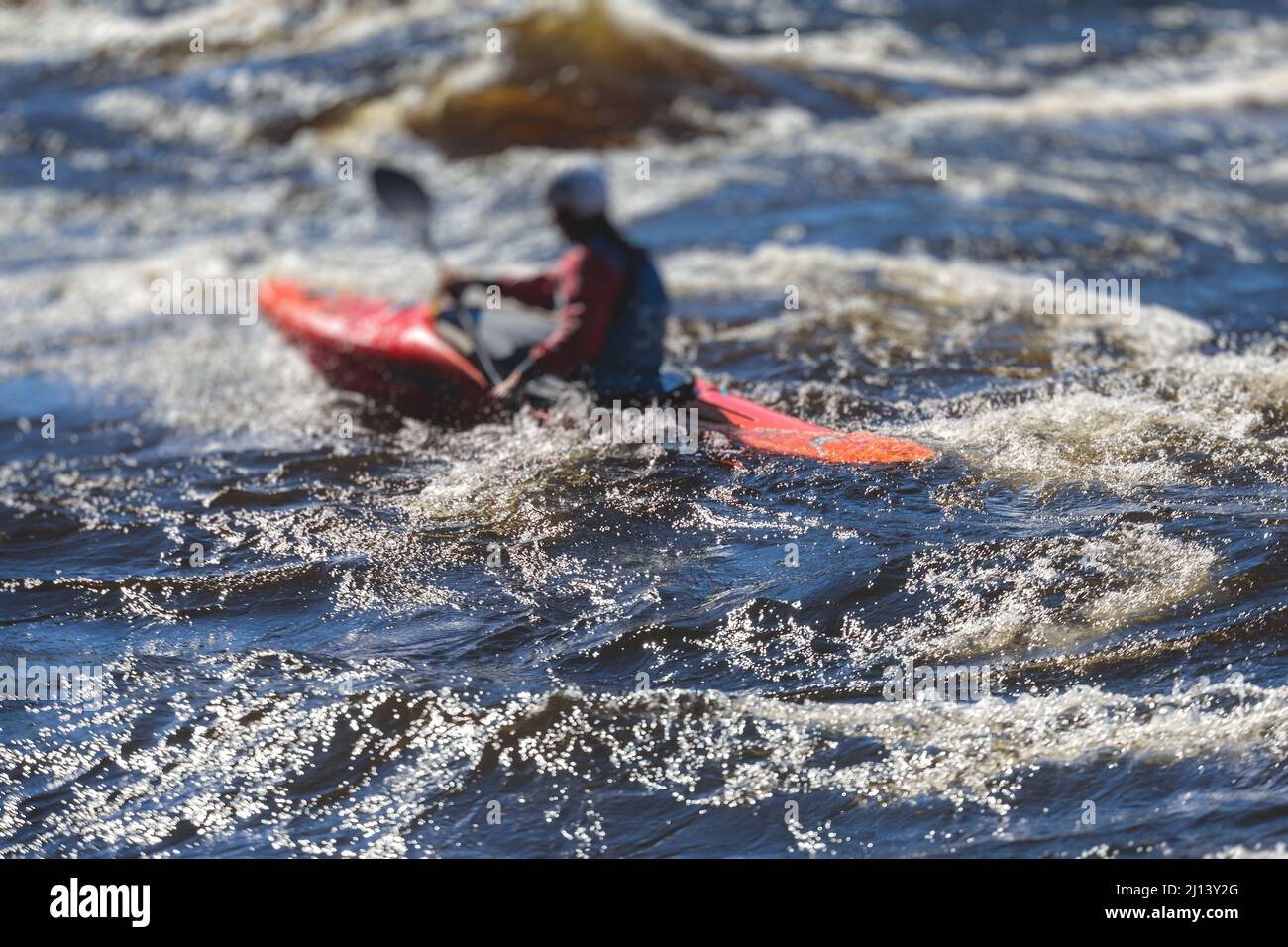 Kayak slalom canoe race in white water rapid river, process of kayaking ...
