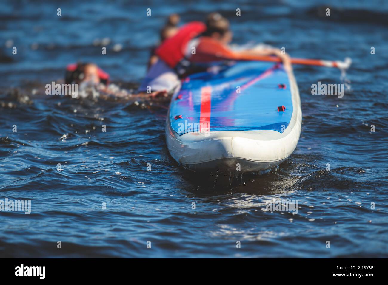 Young sup surfers group fall from SUP stand up paddle board, women ...