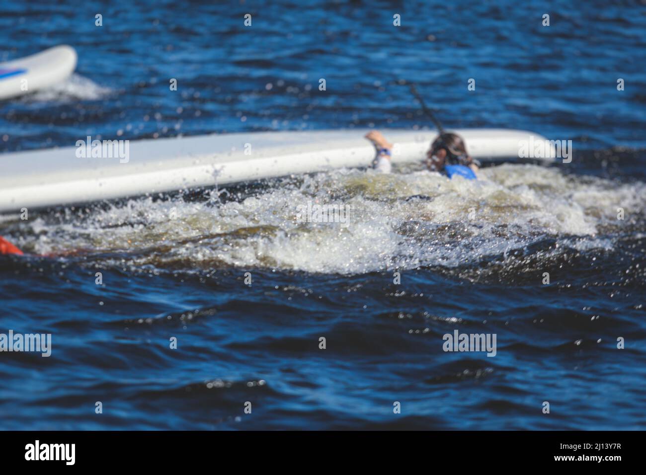 Group of young SUP surfers fall from stand up paddle board, women ...