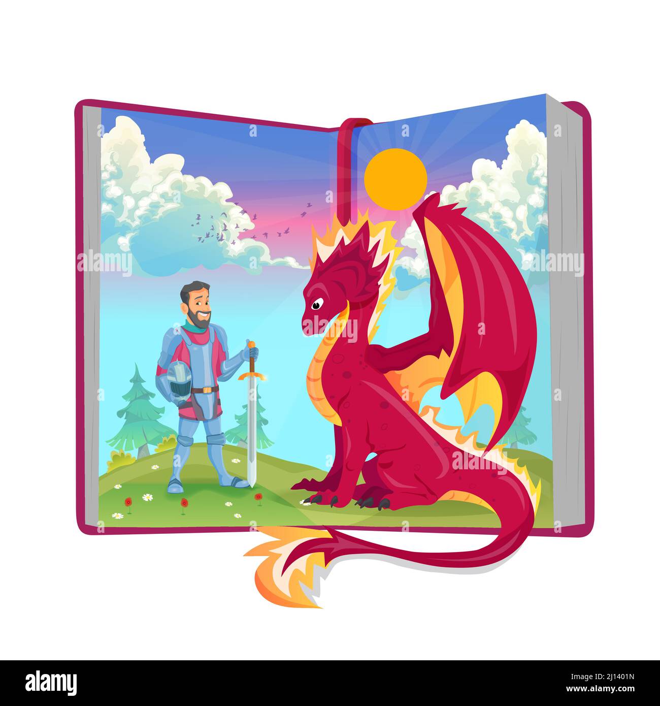 Open book of fairytales with knight with sword and dragon Stock Vector ...