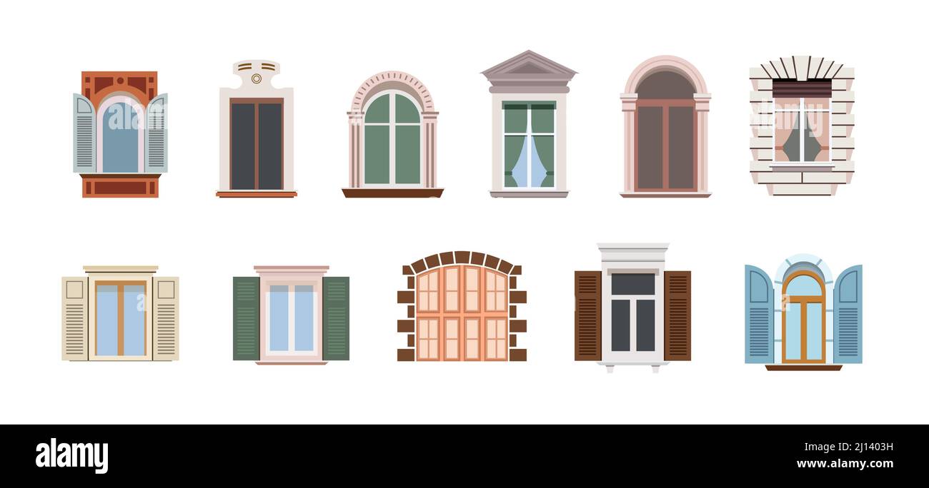 Big set windows. Different City windows in retro style. Isolated on a ...