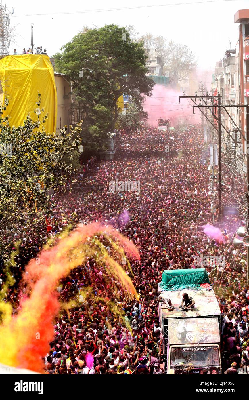 (EDITORS NOTE: Image taken with drone) Revelers play with colors during ...