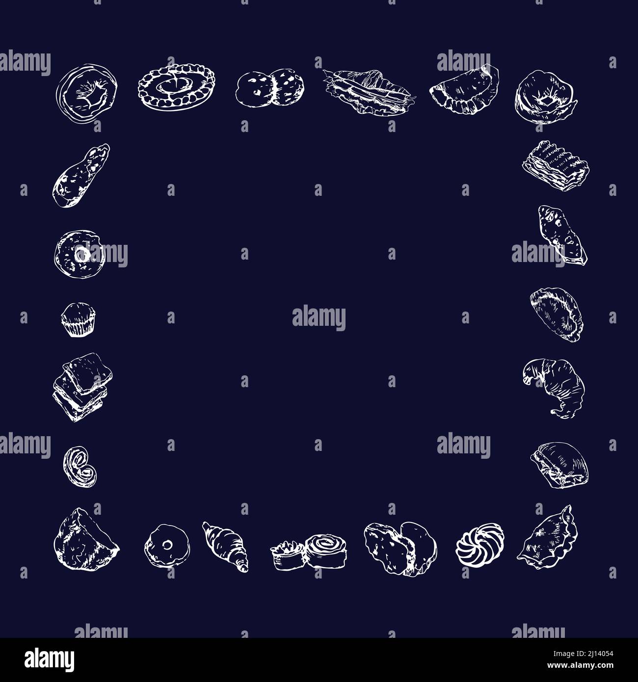 Frame of bakery items, bread, pastry, snacks. Collection of isolated ...