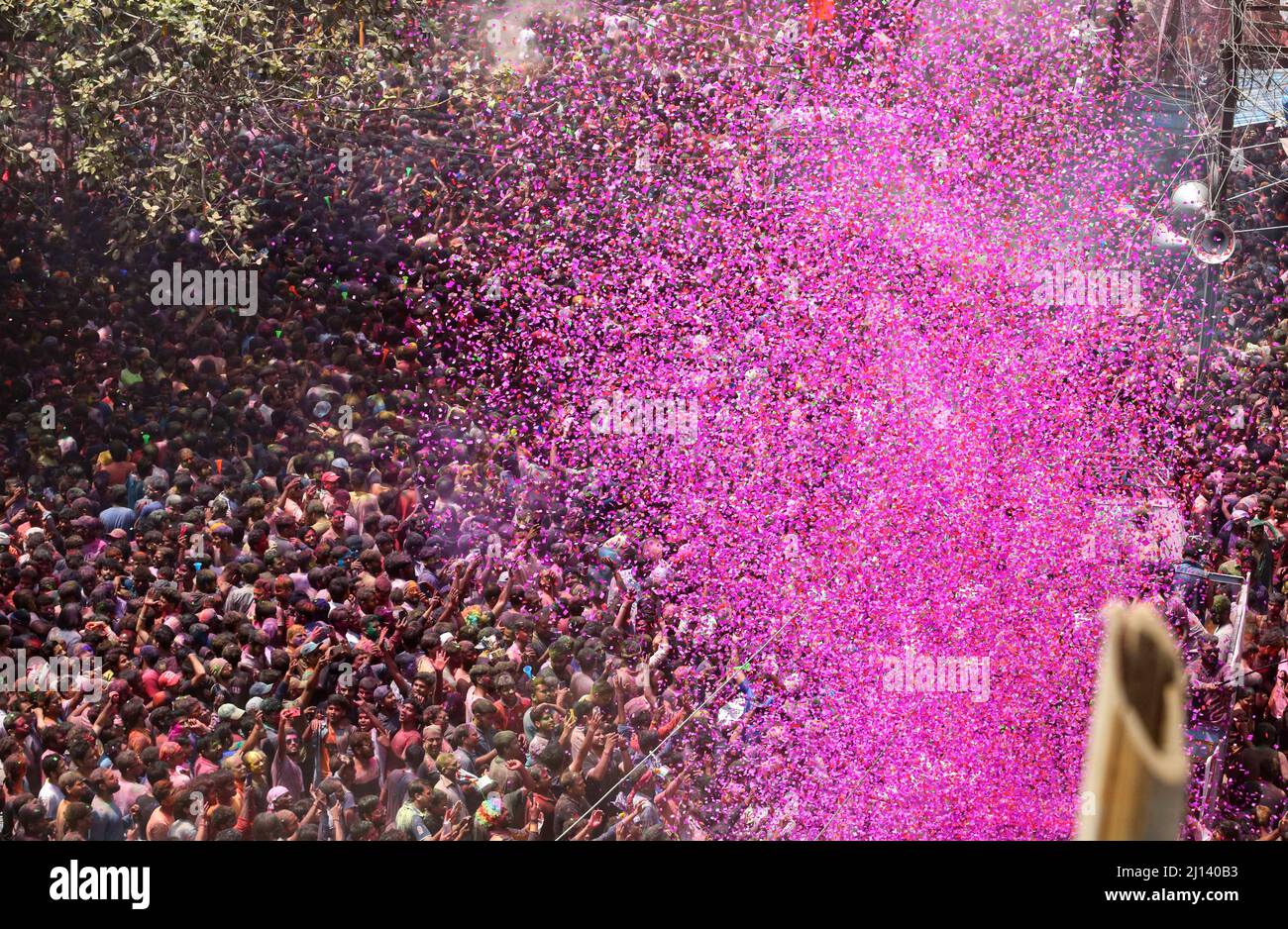 (EDITORS NOTE: Image taken with drone) Revelers play with colors during ...