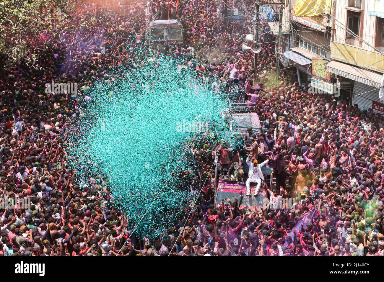 (EDITORS NOTE: Image taken with drone) Revelers play with colors during ...