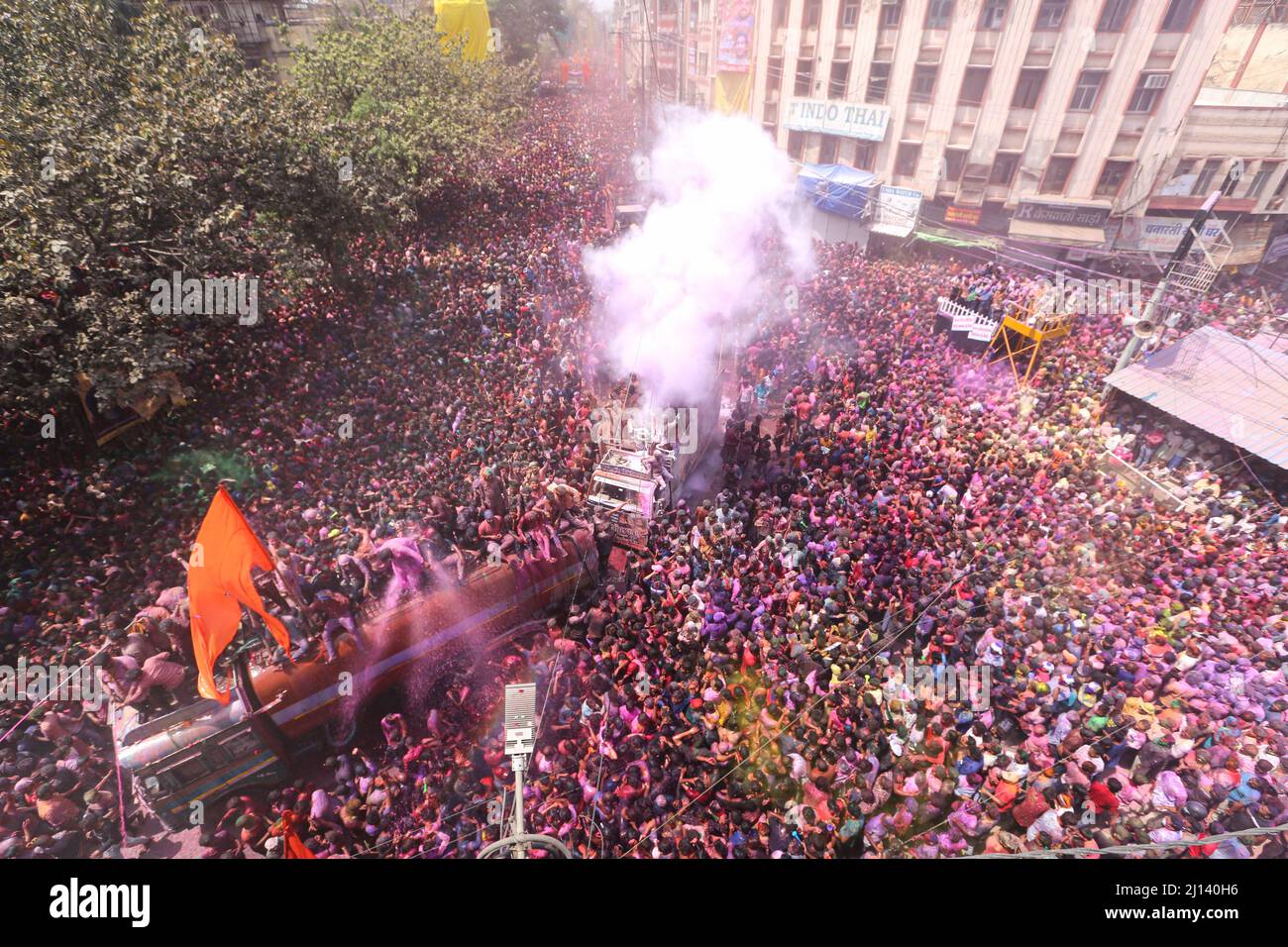 (EDITORS NOTE: Image taken with drone) Revelers play with colors during ...