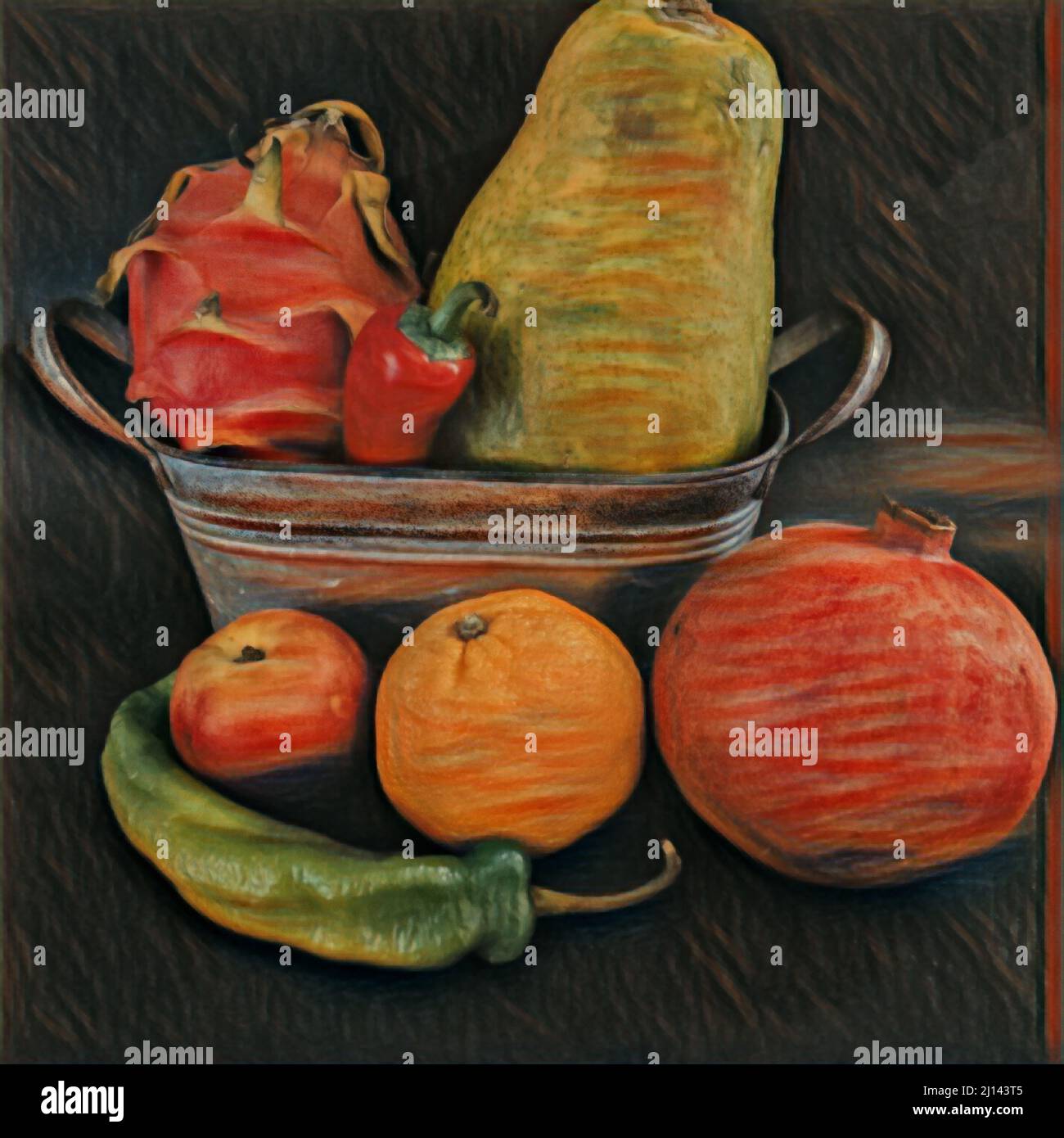 A still life fruit bowl edited to look like a painting of a brightly ...