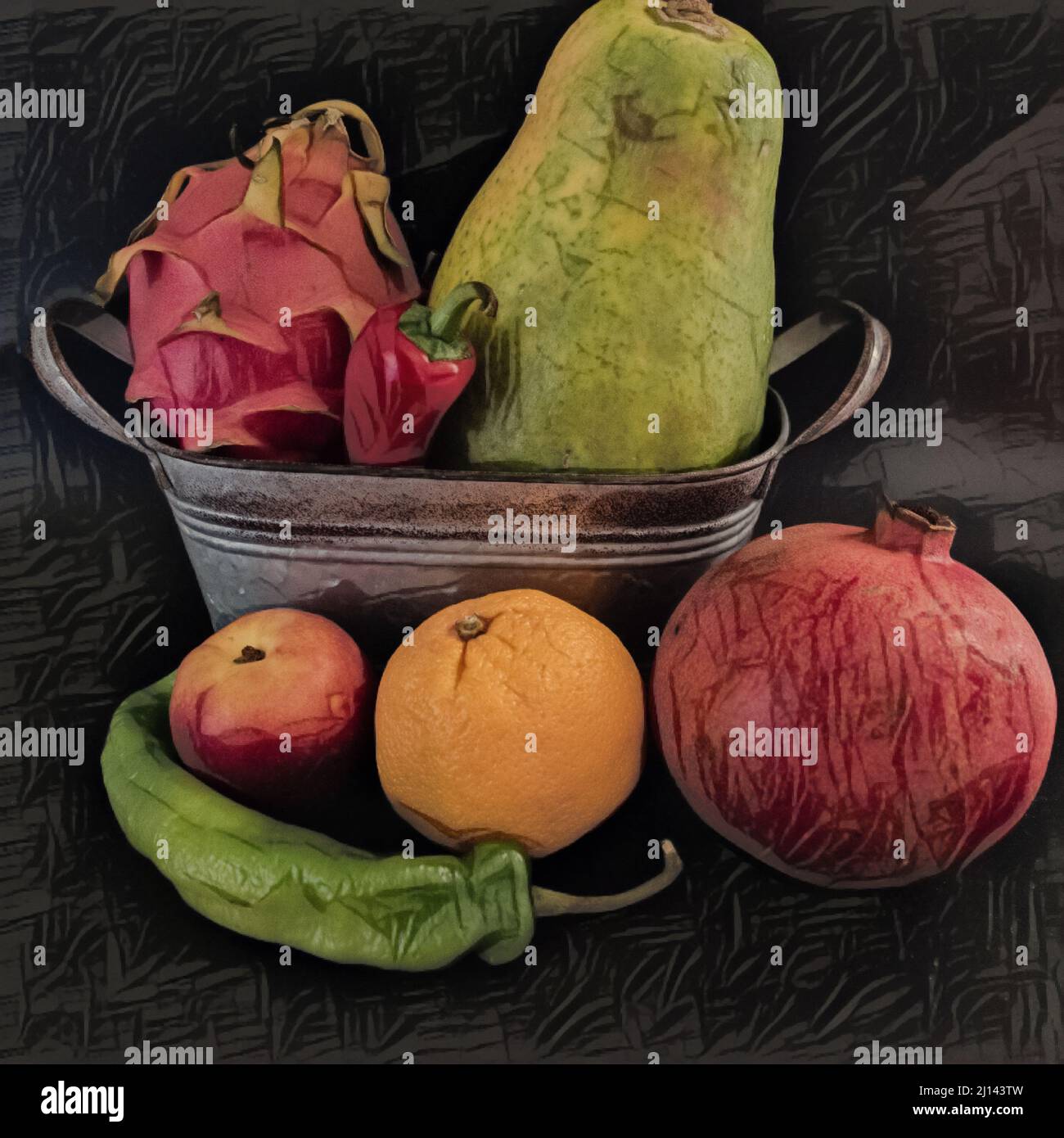 A still life fruit bowl edited to look like a painting of a brightly ...