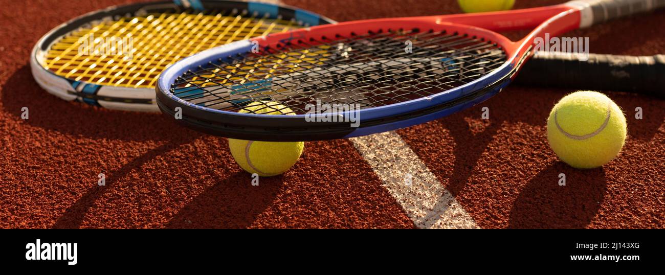 Tennis game. Tennis ball with racket on the tennis court. Sport ...