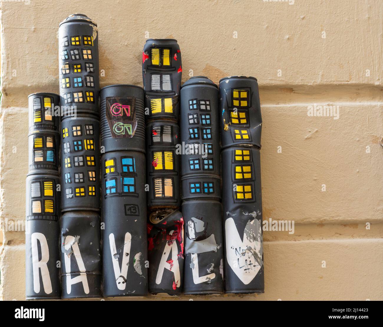 BARCELONA SPAIN GOTHIC QUARTER Barri Gòtic PAINTED TINS ON A WALL ...