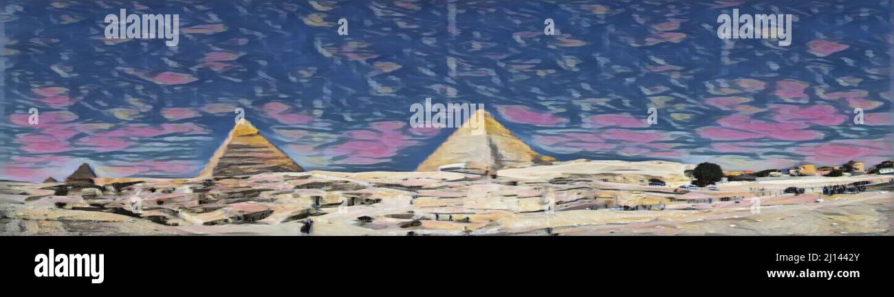 Extra-wide view of the great Pyramids of Giza, with the sandy plains ...