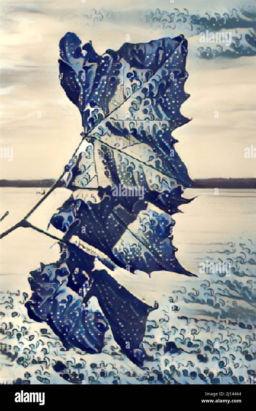 Painted photo of three large leaves, done in the style of The Great ...