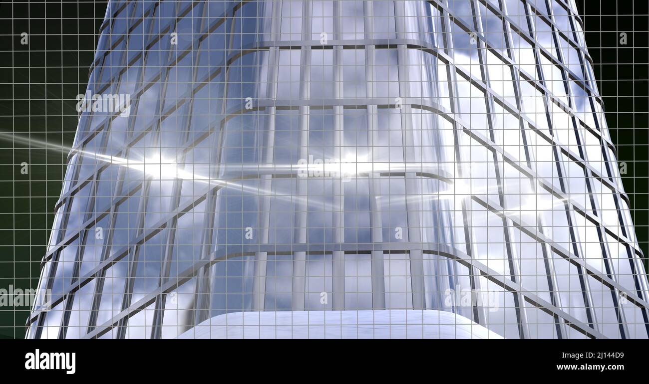 Spots of lights over tall building model against black background Stock ...