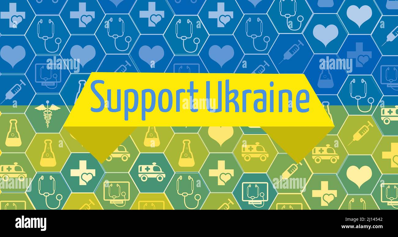 Digitally generated image of support ukraine text over icons on blue ...