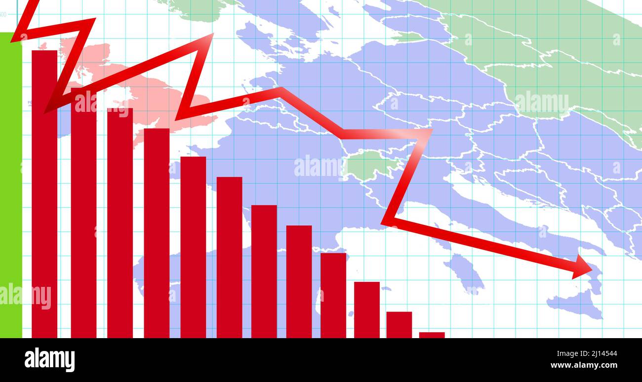Digital composite image of downgrading pointing graph over red bars on ...