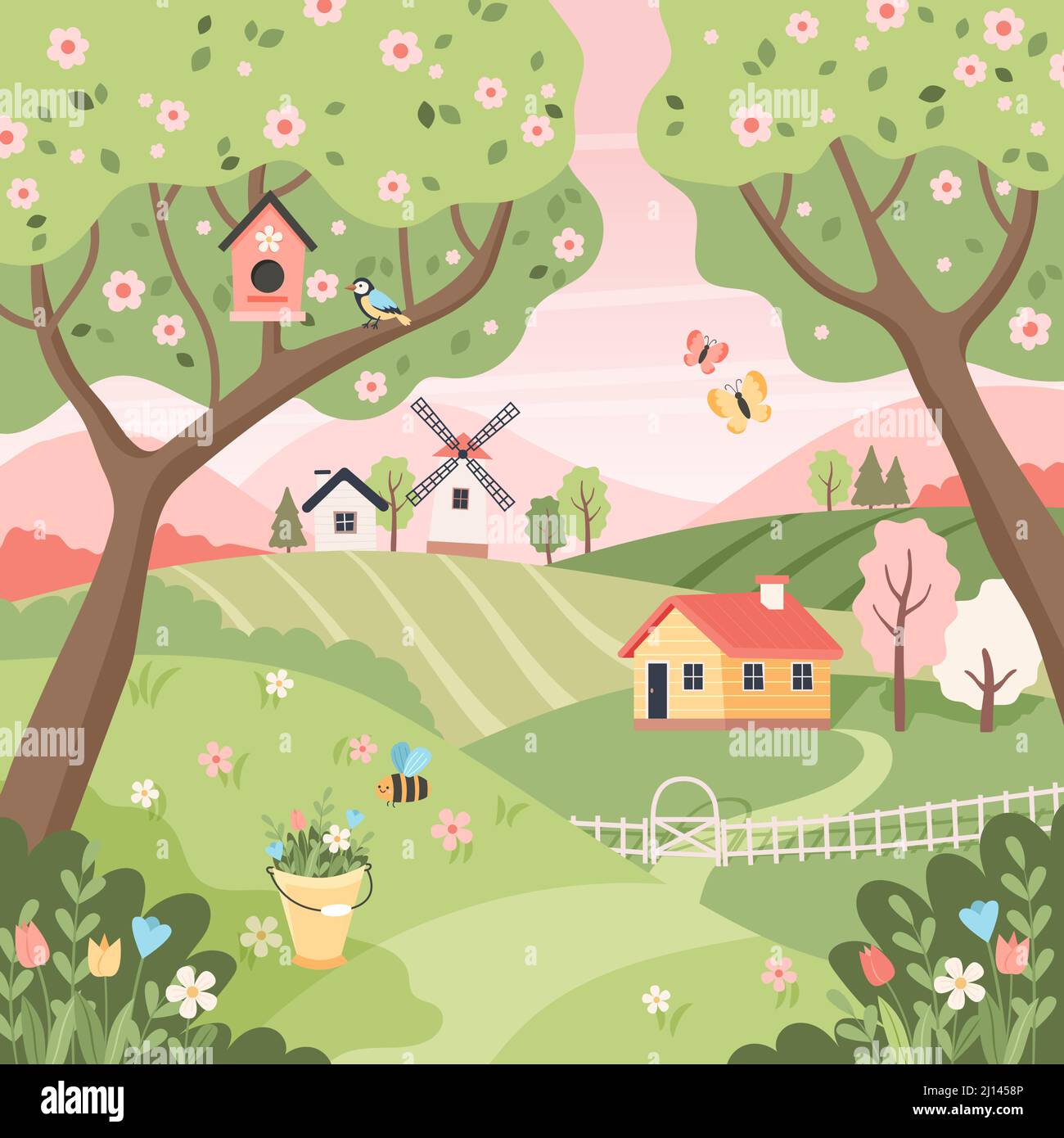 Spring rural landscape with trees, fields, houses and windmill. Easter ...