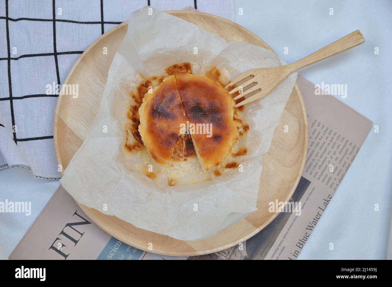 Delicious Cheesecake on a wood dish with wood fork, Cheesecake on a ...