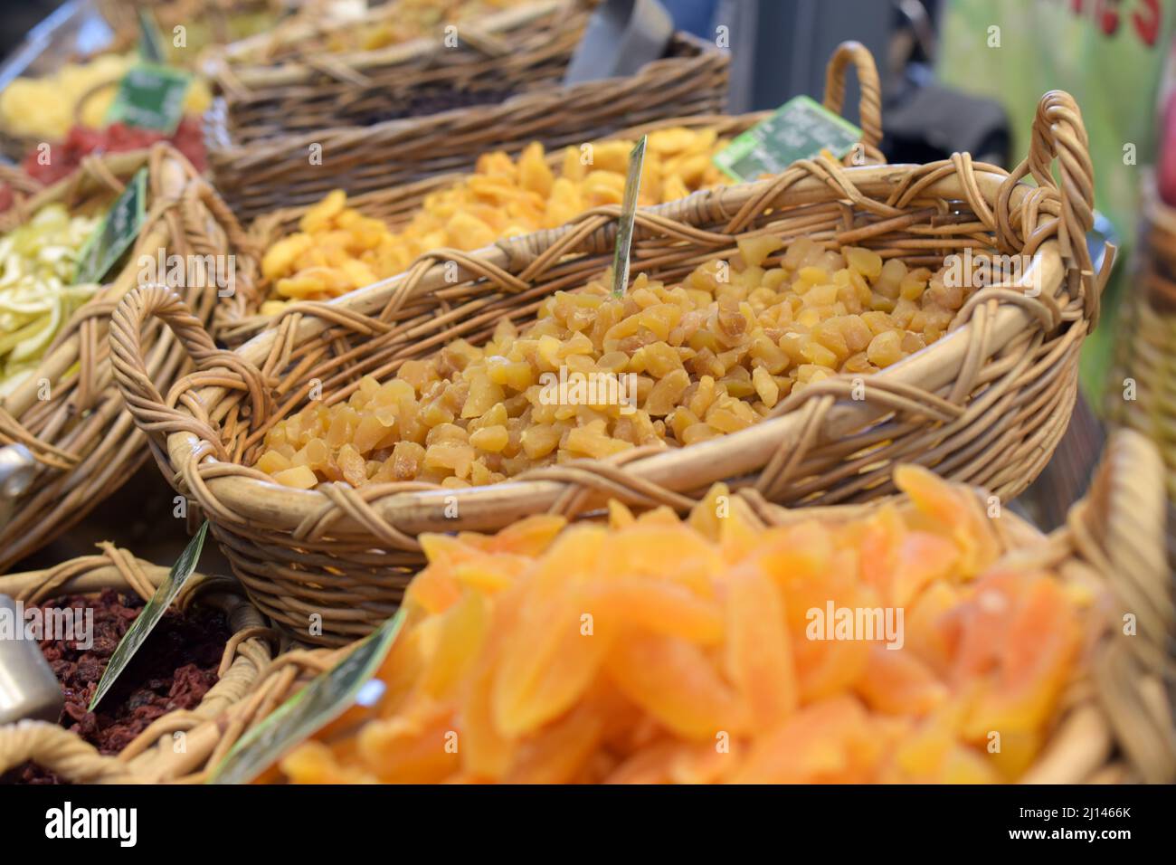 view of a display of dried fruits in a shop Stock Photo - Alamy