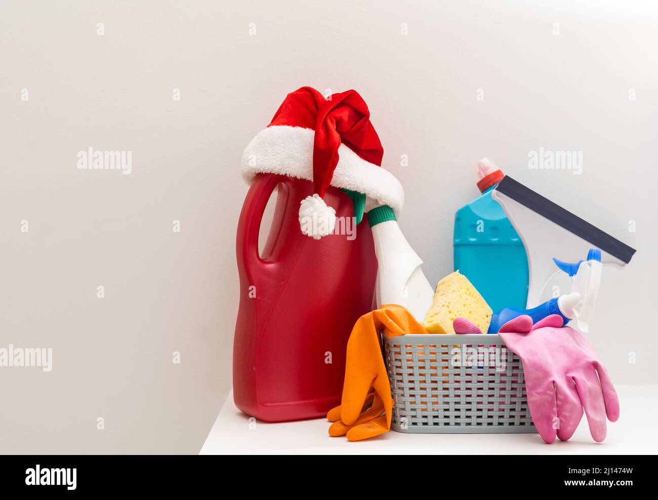 Christmas cleaning. Christmas shopping. Cleaning tools and Christmas ...