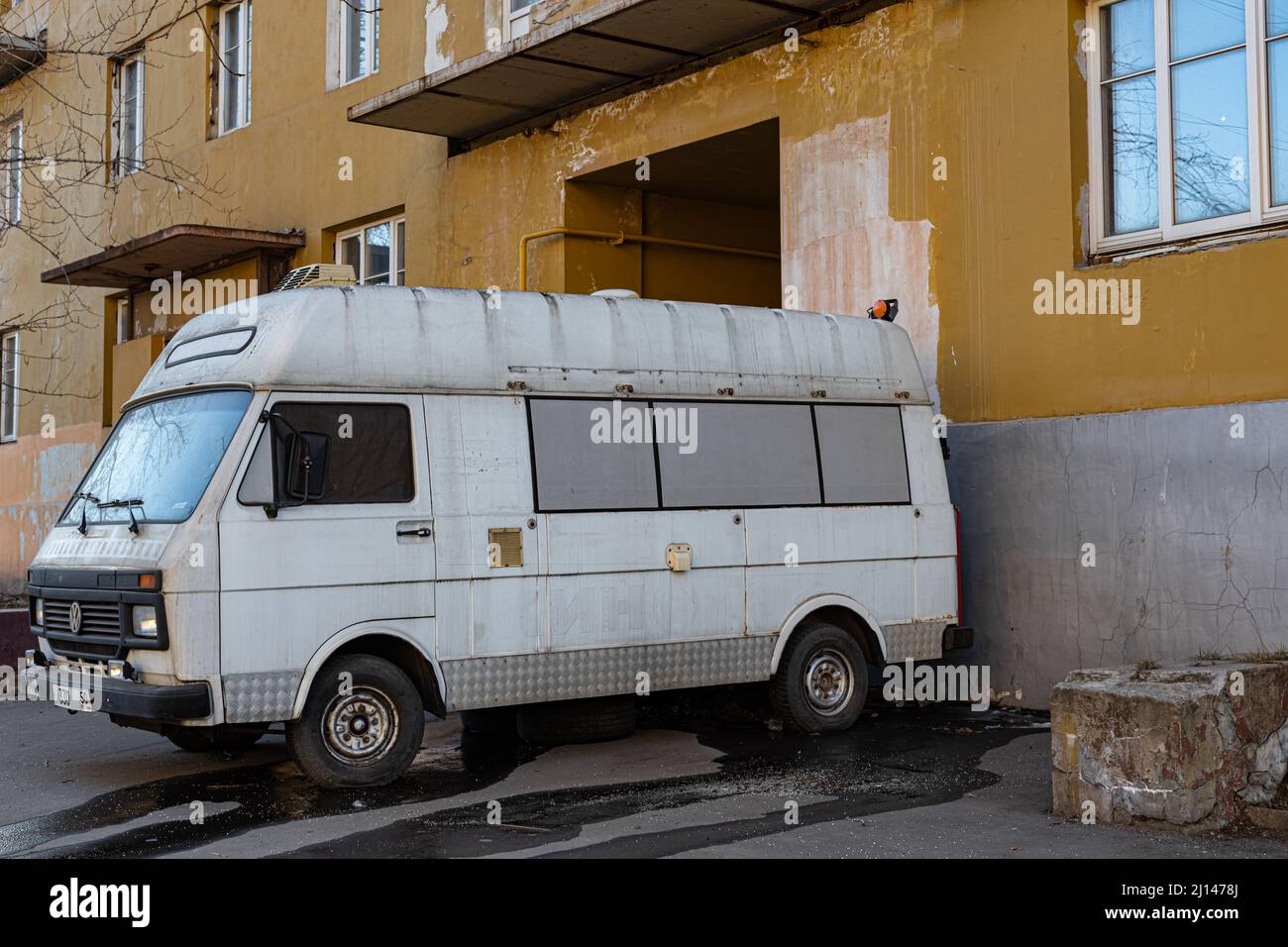 Moscow, Russia - March 19, 2022: an old white van stands near an old ...