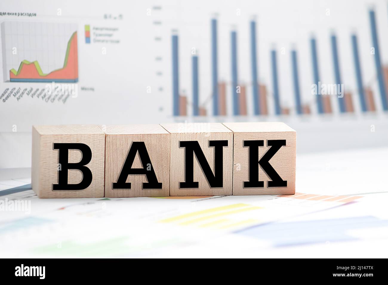 Word BANK made with wood building blocks on a gray background Stock ...